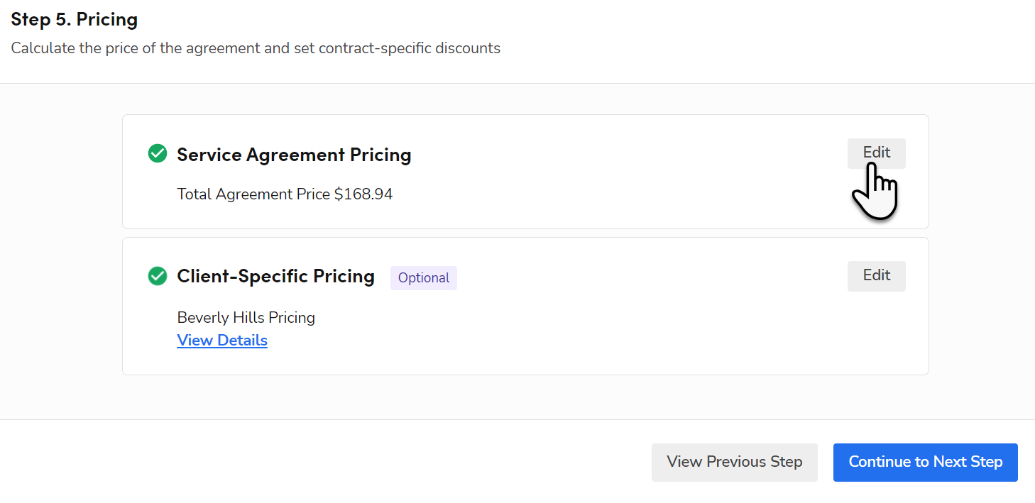 A cursor selecting the Edit button next to the Service Agreement ...