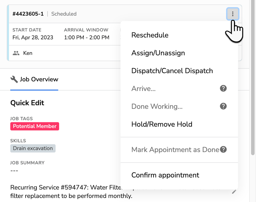 A cursor selecting the More dropdown menu next to an appointment in the Job Details Flyout in ...