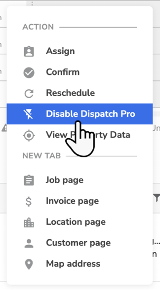 A cursor selecting Disable Dispatch Pro from the job appointment right ...