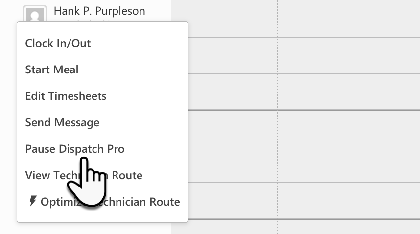 A cursor selecting Pause Dispatch Pro for a technician on the ServiceTitan Dispatch Board.