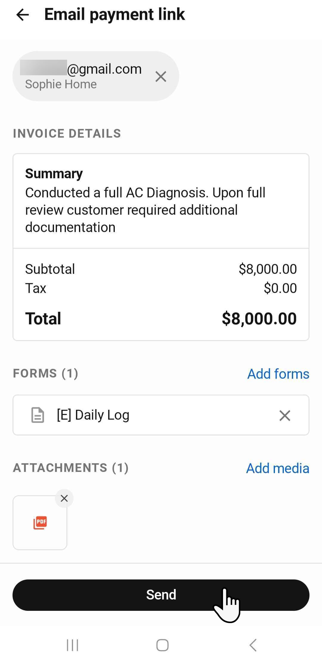 A cursor tapping Send.
