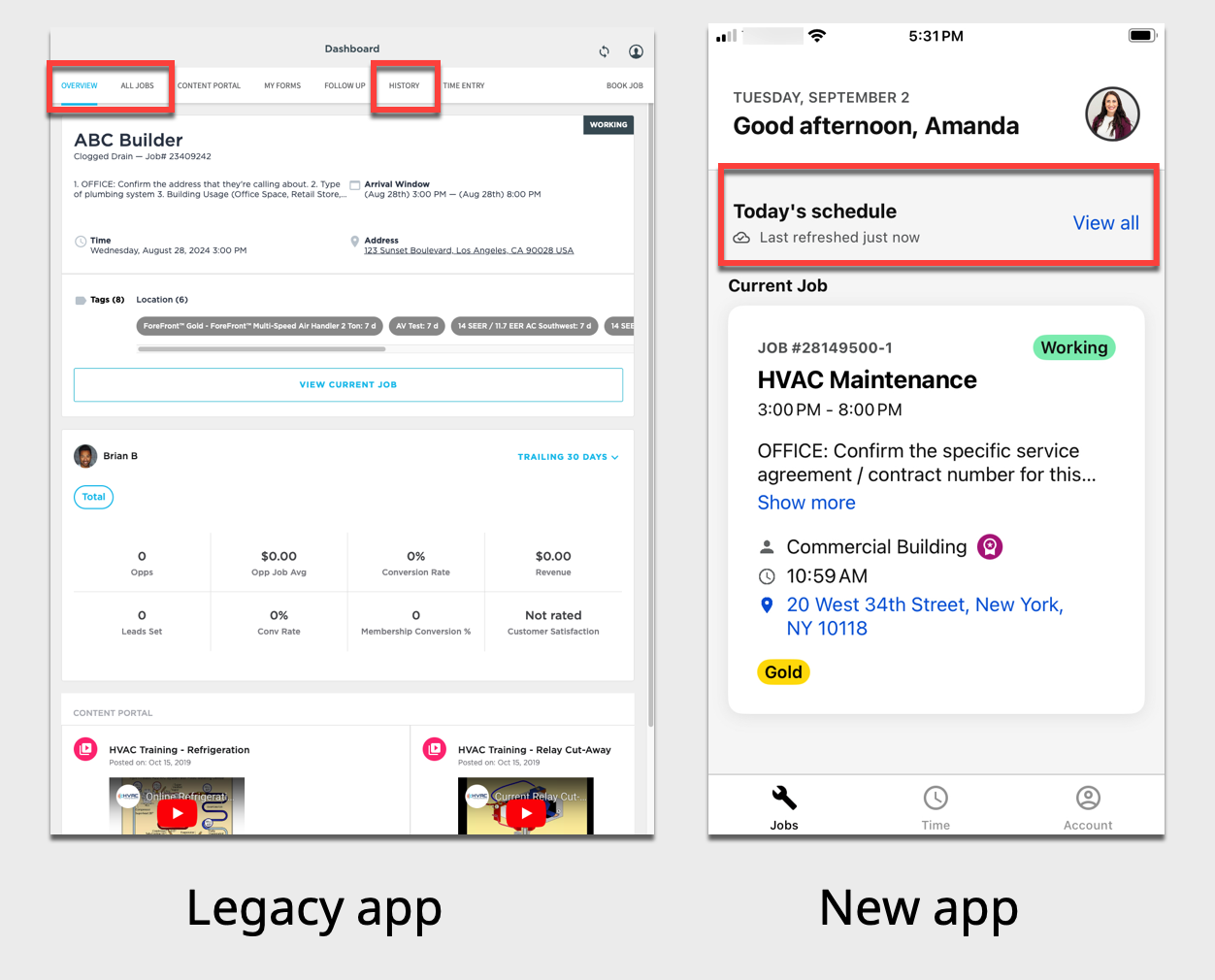 An image comparing the Overview and Jobs sections in ServiceTitan's old ...