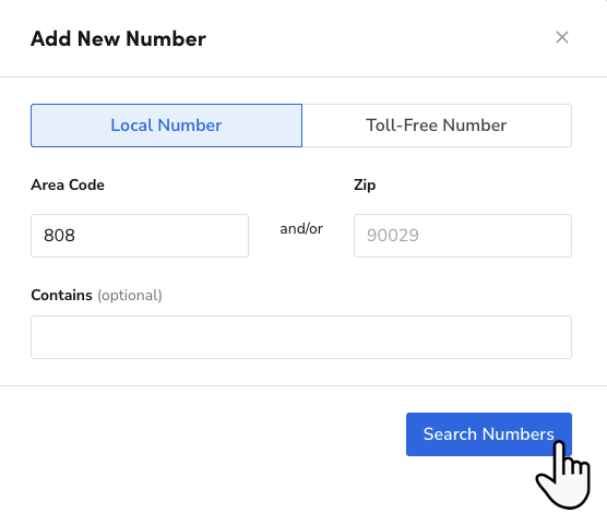 Cursor hovers over the Search Numbers button on the Add New Number pop ...