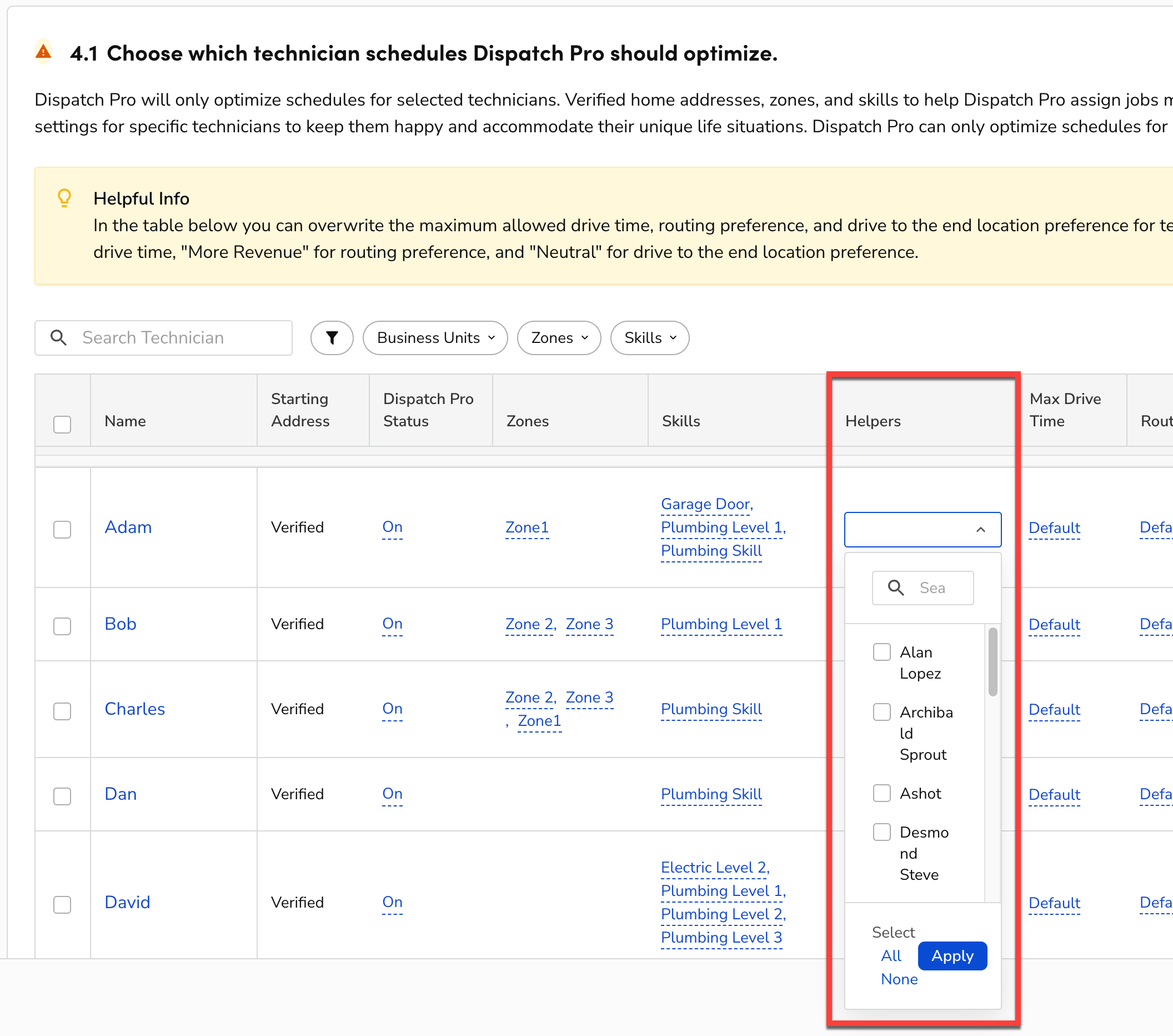 Question 4.1 in ServiceTitan's Dispatch Pro Technician Settings. The Helpers column is highlighted.