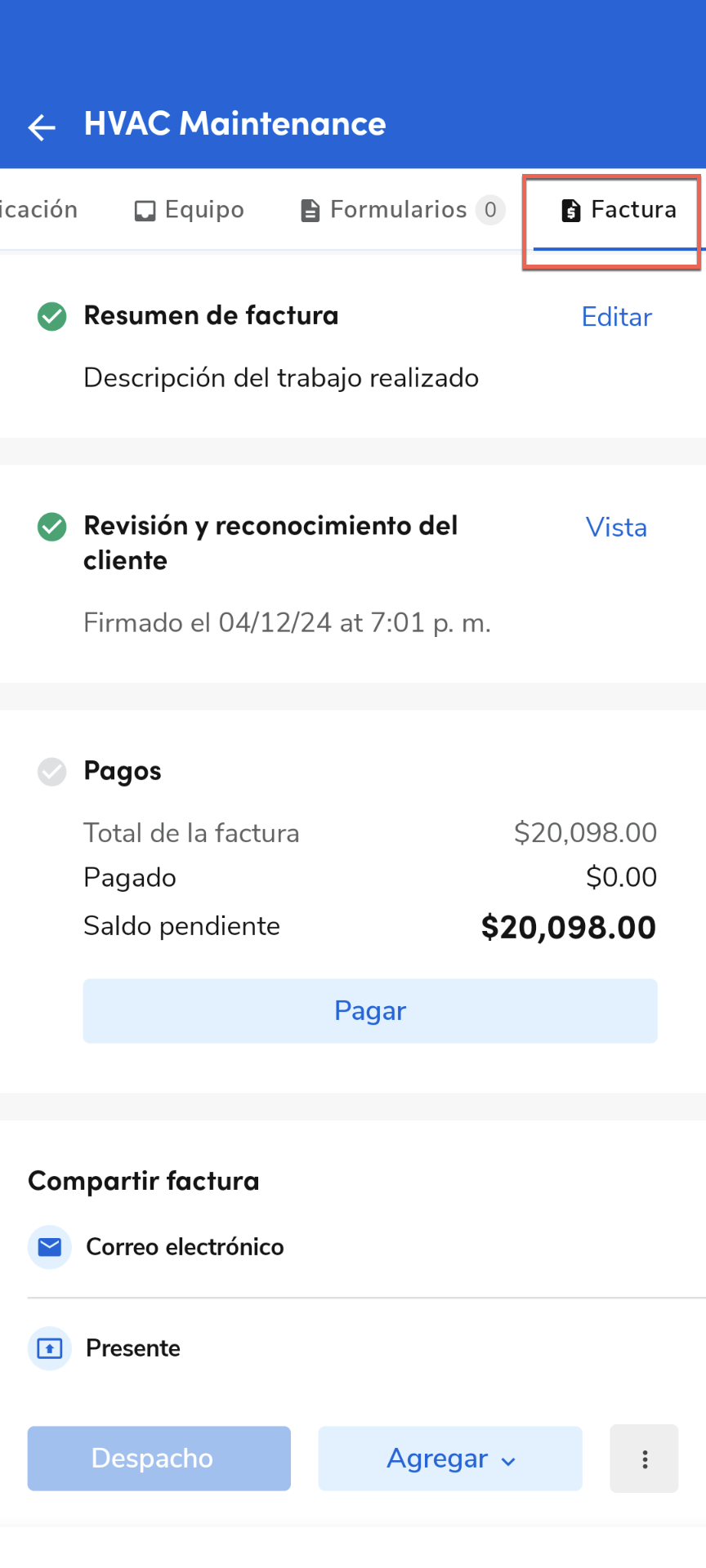 The Invoice tab in the ServiceTitan Field Mobile App.