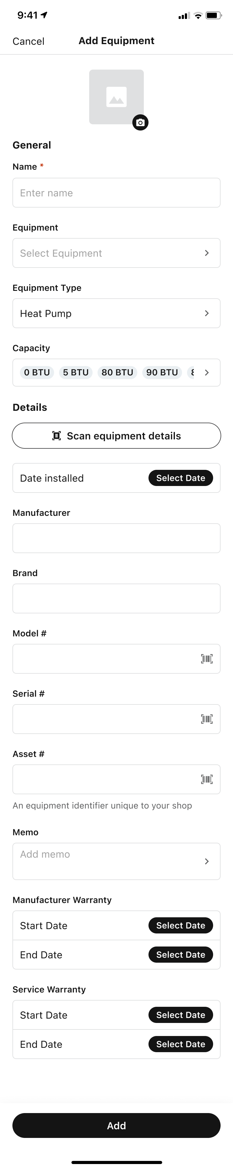 Cursor clicking Add on the Add Equipment screen