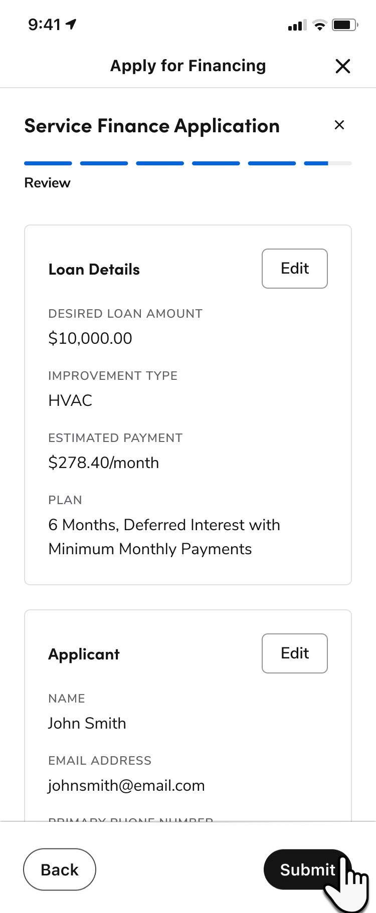 A cursor tapping Submit in the ServiceTitan Field Mobile App.