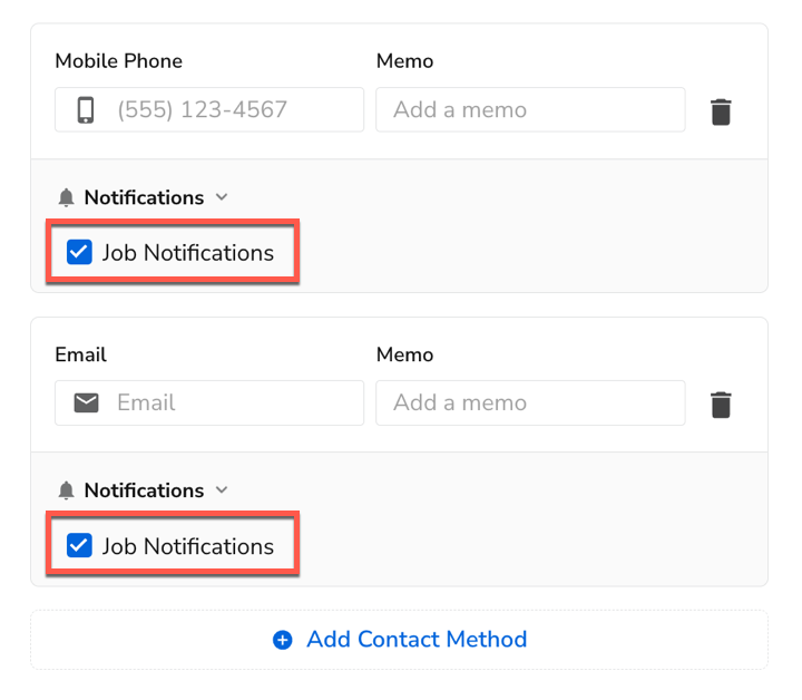 The ServiceTitan New Customer screen. The Job Notifications toggles are highlighted.