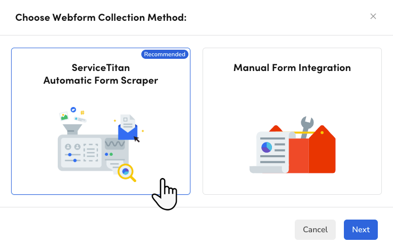 Cursor hovers over the ServiceTitan Automatic Form Scraper option.
