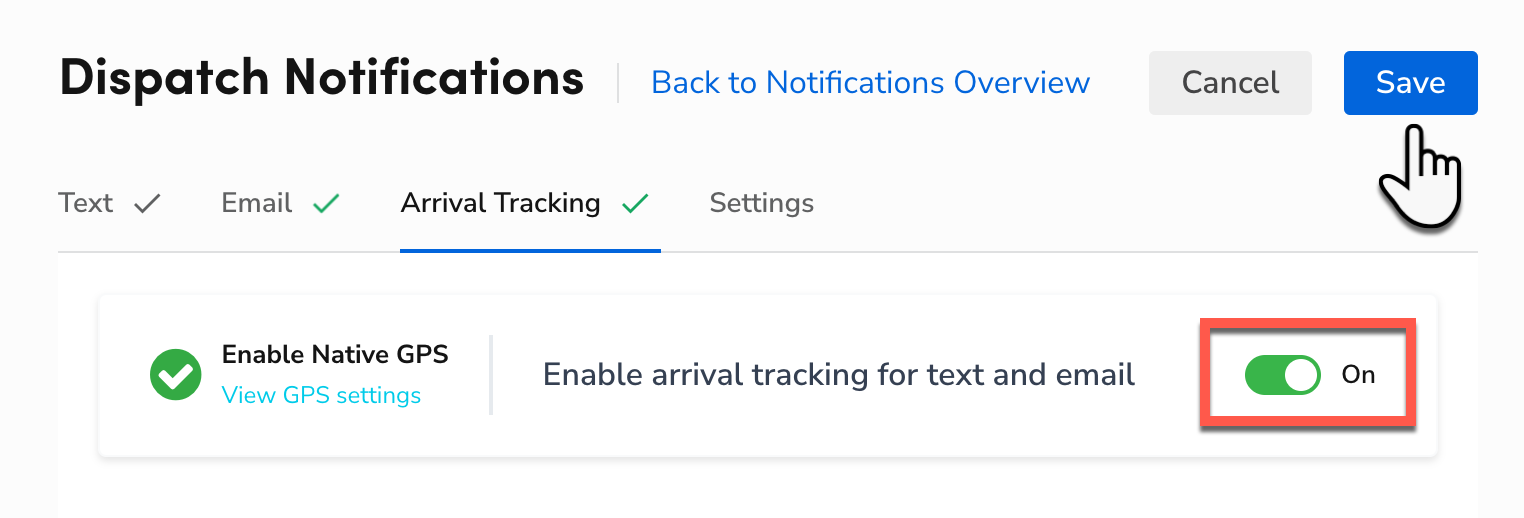 The Arrival Tracking tab on the Dispatch Notifications screen in ServiceTitan. The On toggle is ...