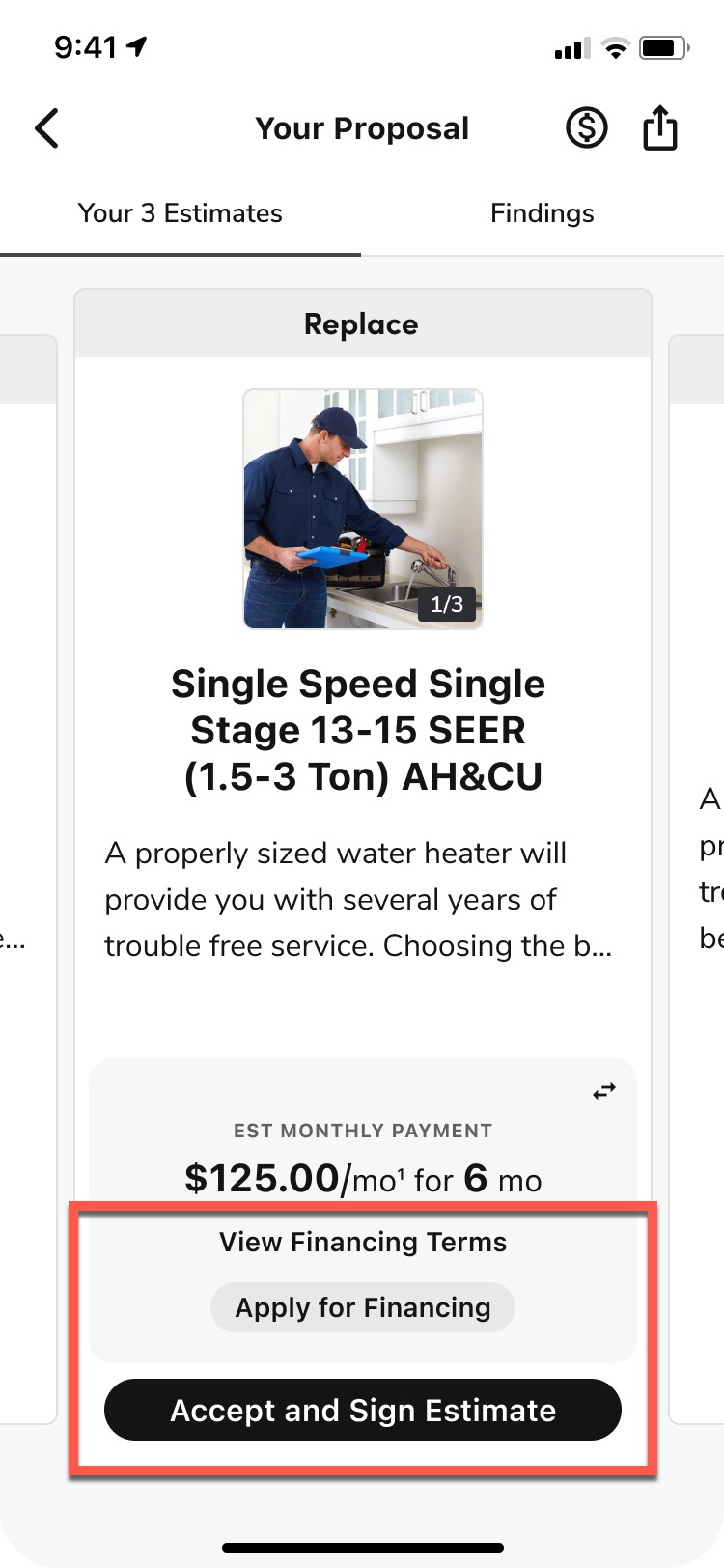A financing proposal in the ServiceTitan Field Mobile App.