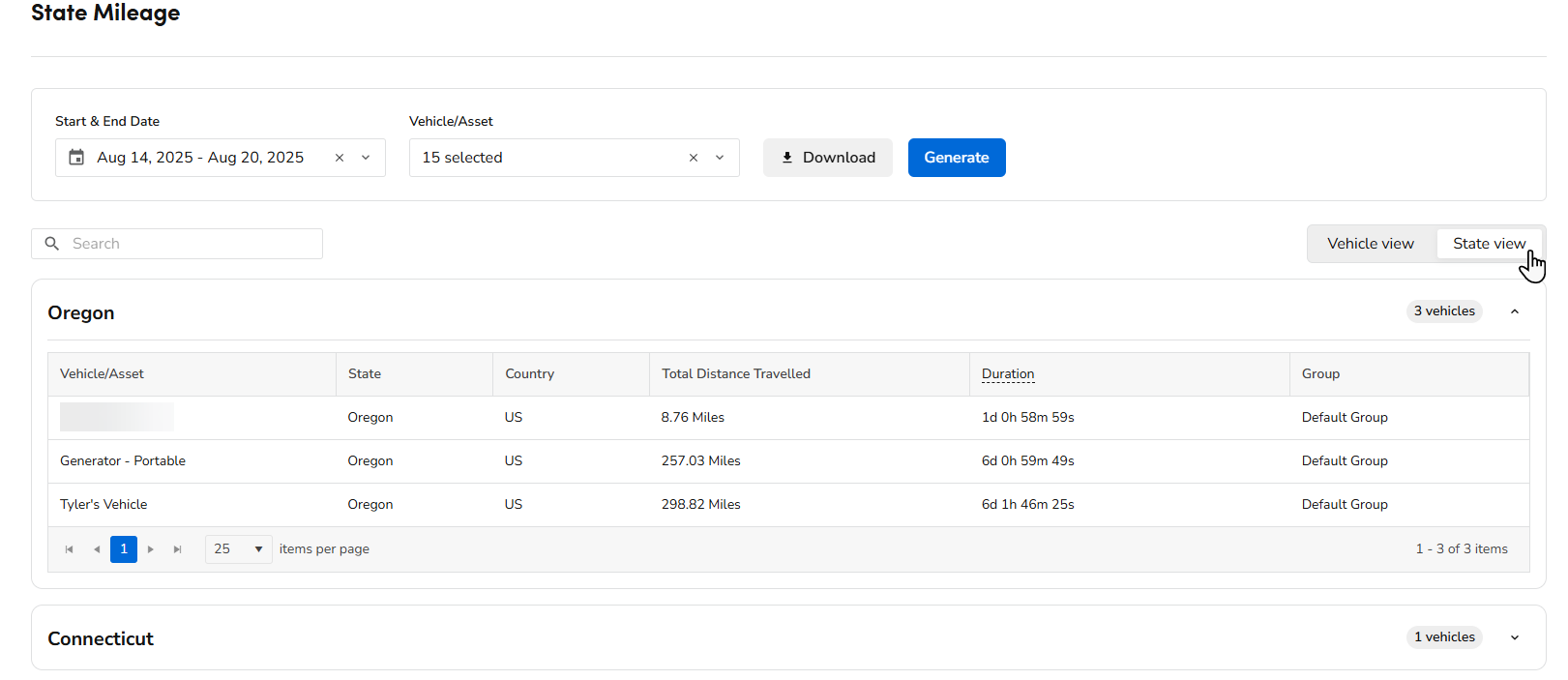 The State Mileage report in Fleet Pro.