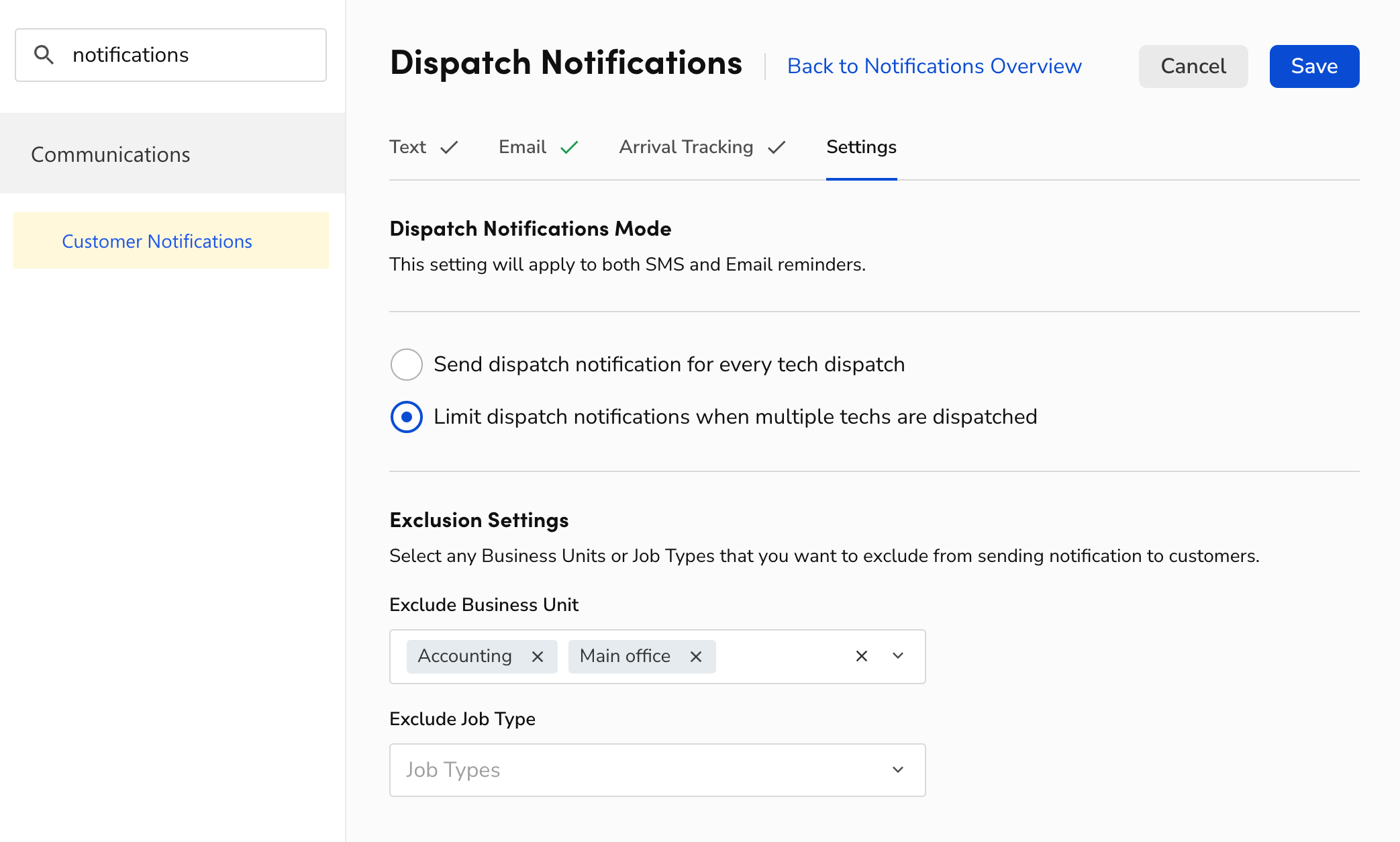 The Dispatch Notifications screen in ServiceTitan settings.