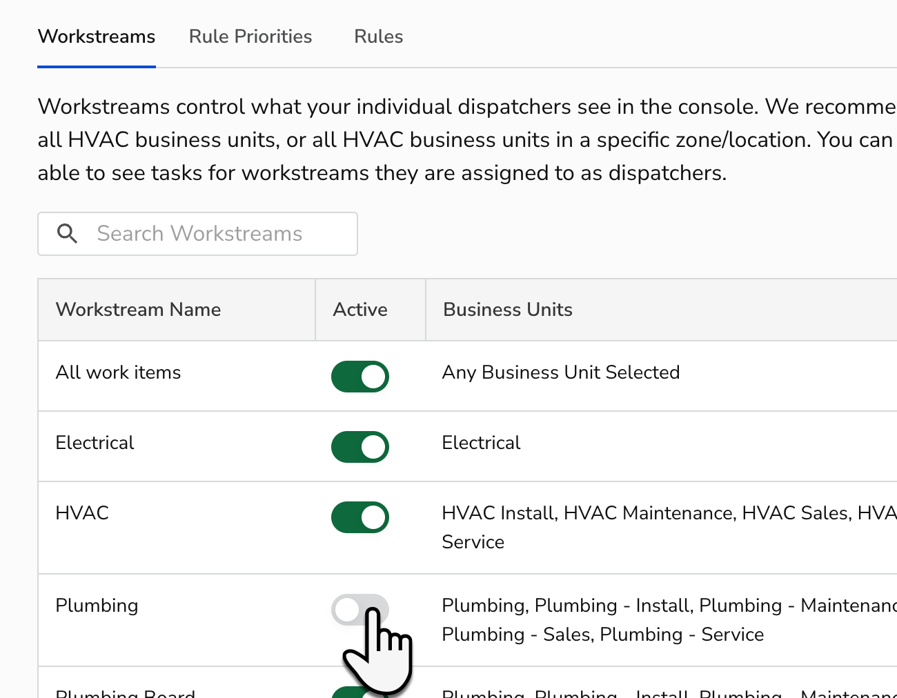 A cursor deactivating a workstream in ServiceTitan Dispatch Pro Console ...