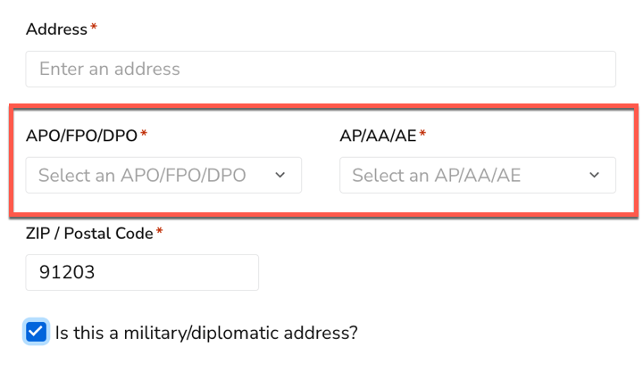 The Address section of the ServiceTitan Create Customer screen. The APO ...