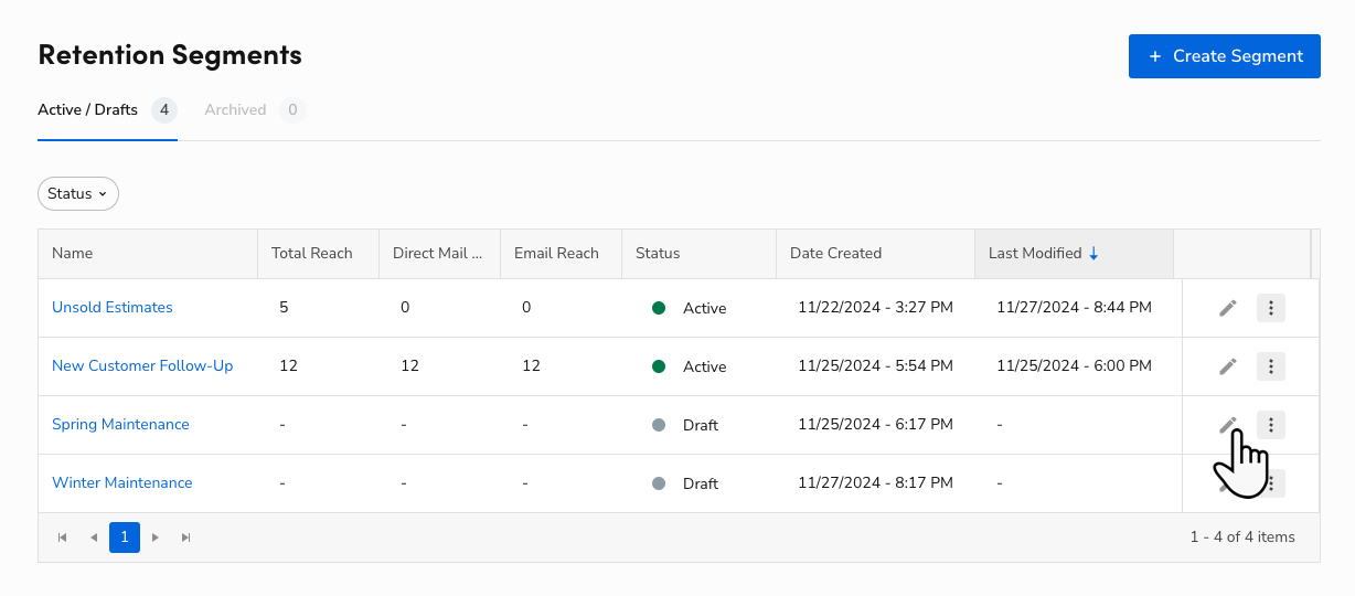 Cursor clicks Edit for the Spring Maintenance retention segment.