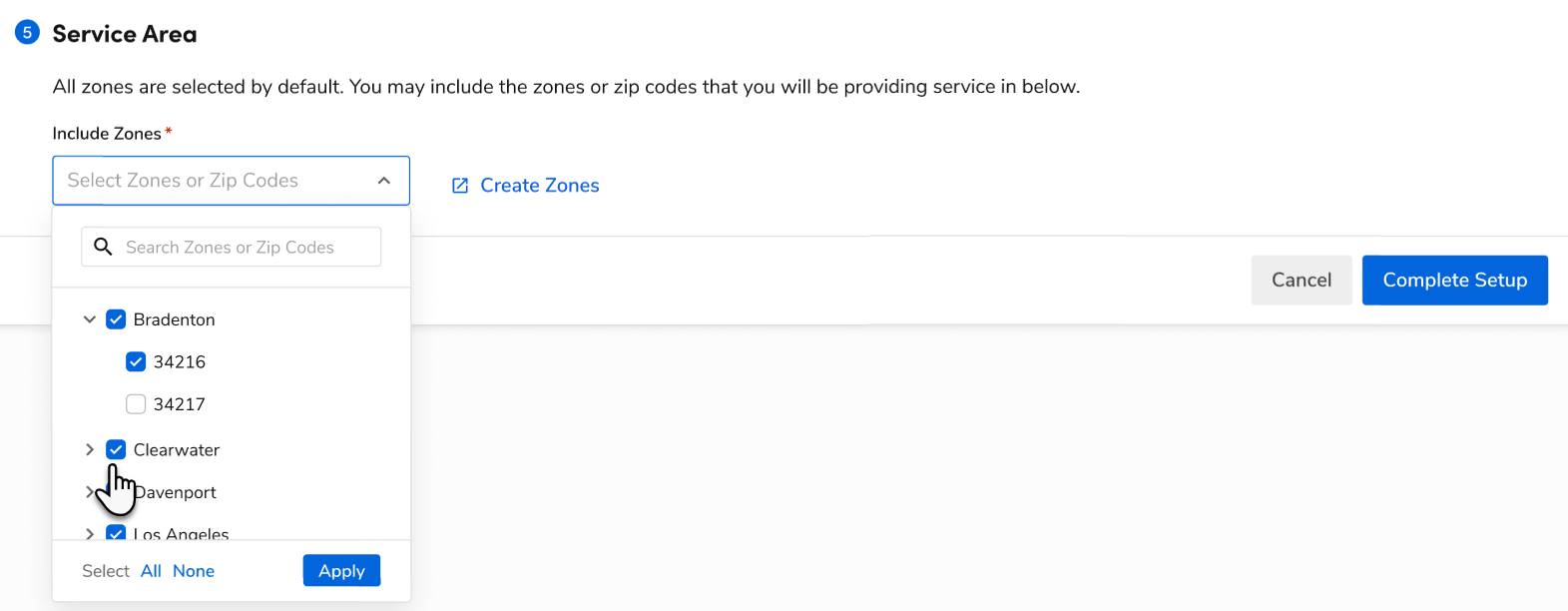 Set your service Area zones
