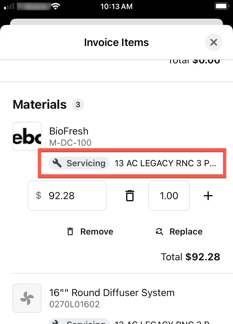 An invoice showing materials in the ServiceTitan Field Mobile App.