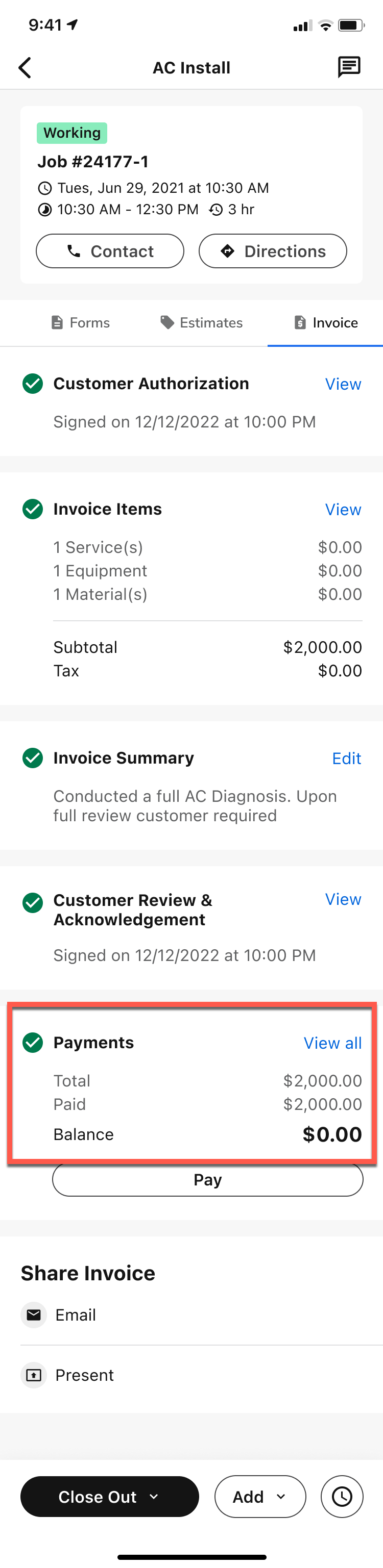 The Invoice screen in the ServiceTitan Field Mobile App.