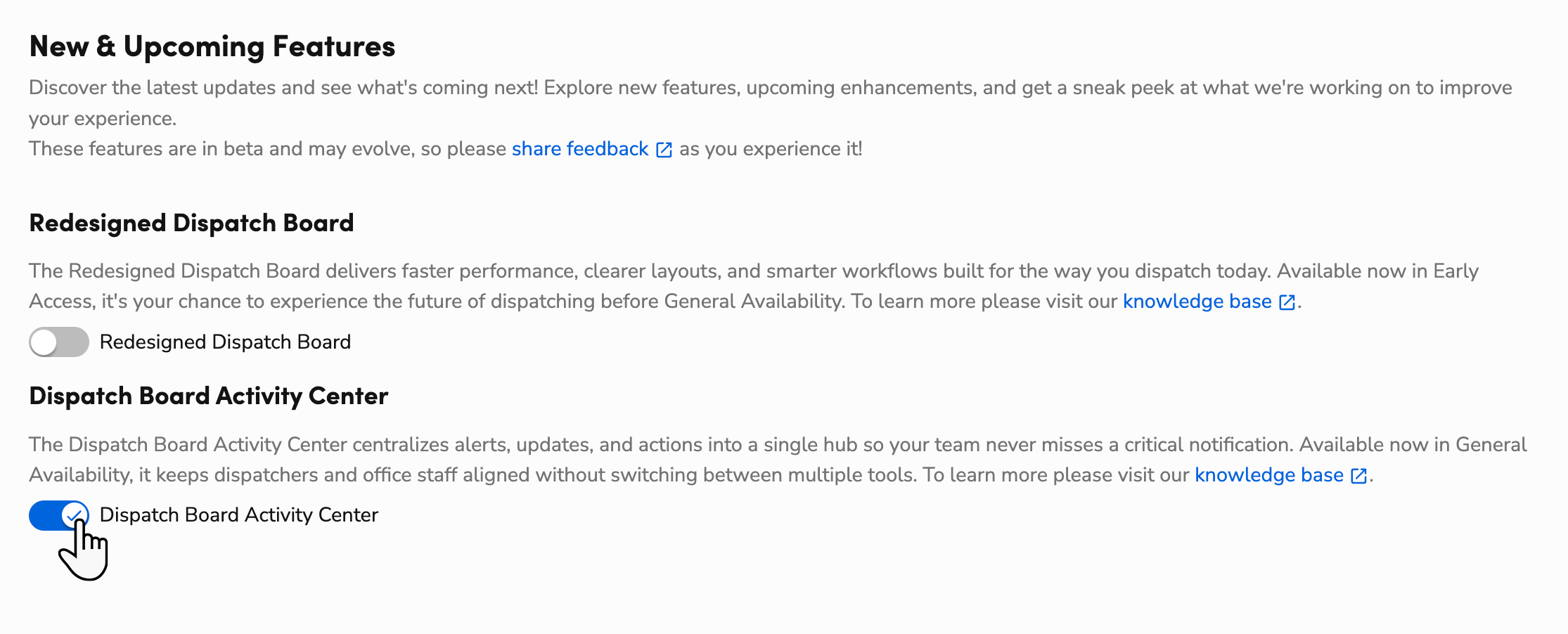 Cursor turning on the Dispatch Board Activity Center togge.