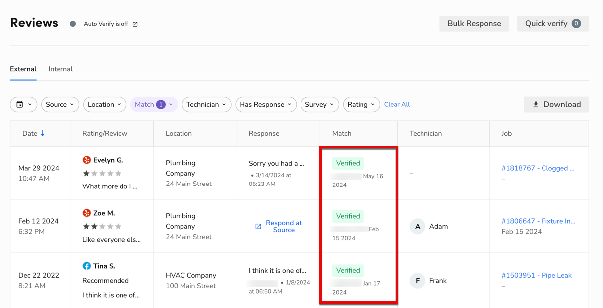 view the filtered reviews list