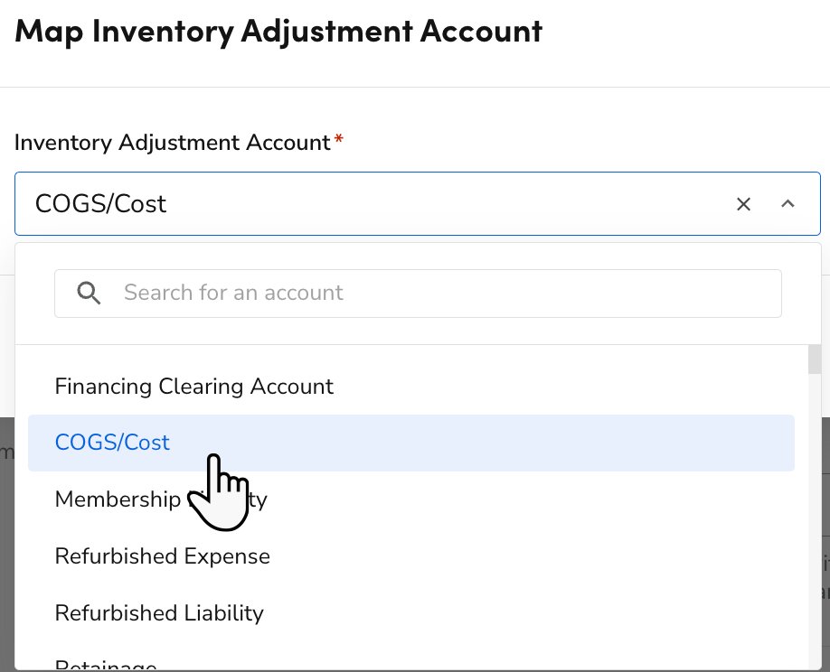 Cursor selecting the COGS/Cost to map the inventory adjustment account.
