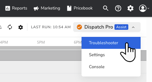 A cursor selecting Troubleshooter from the Dispatch Pro dropdown on the ServiceTitan Dispatch Board.