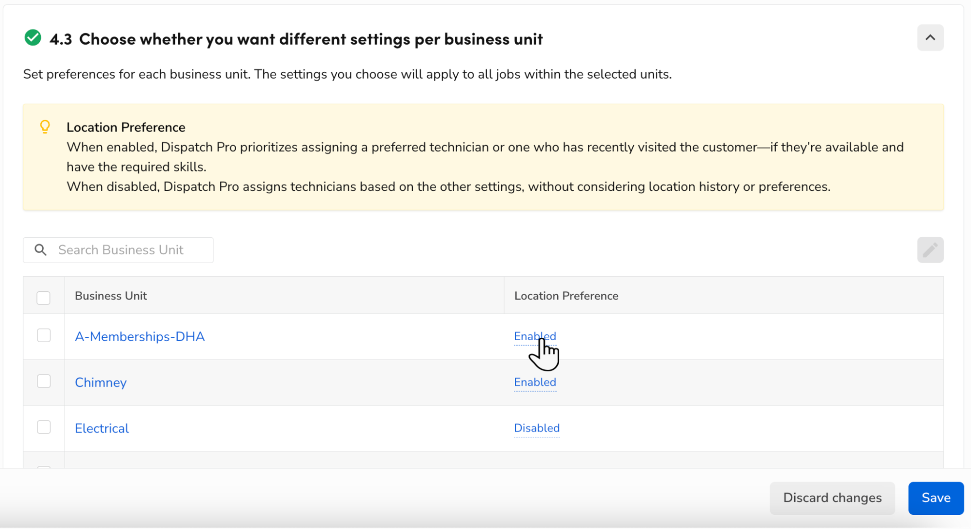 A cursor selecting Yes in Dispatch Pro setting 4.3