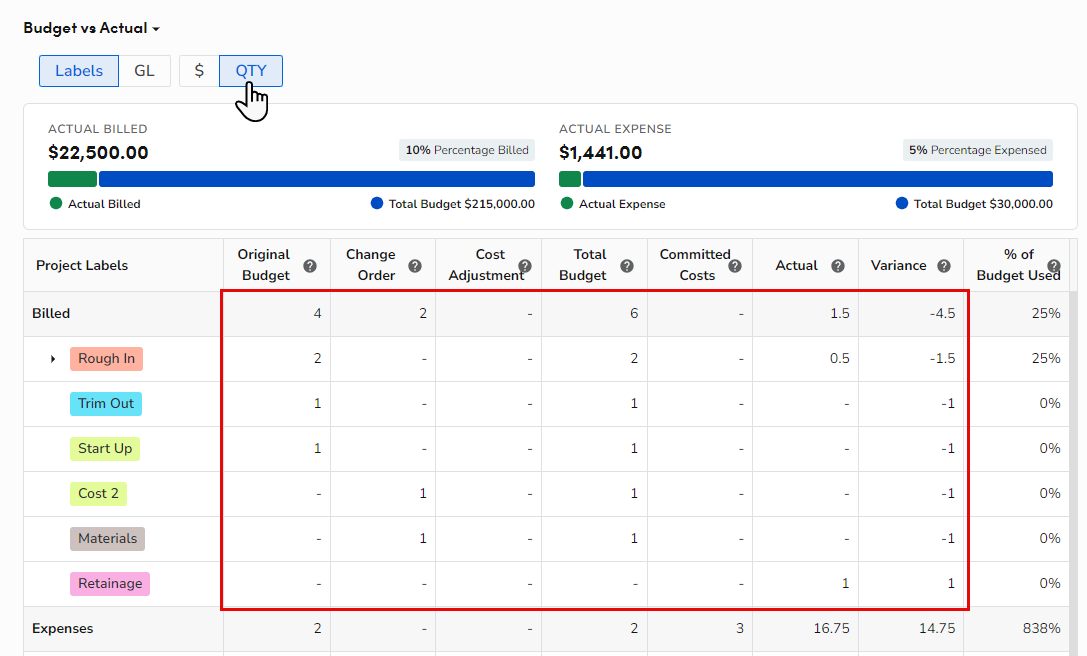 Screenshot of the Quantity View in the Budget vs Actual table