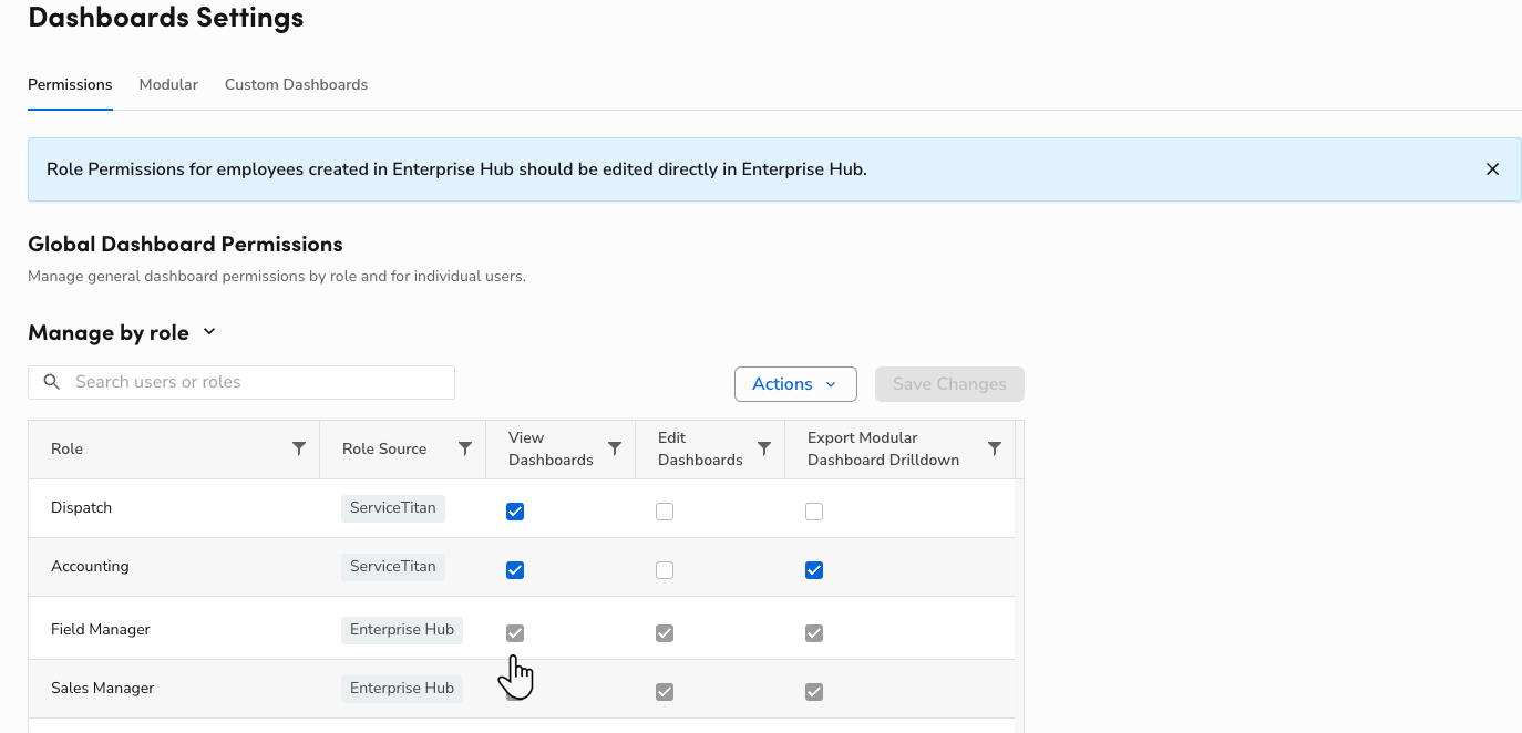 Cursor clicking view to view dashboard permissions in ServiceTitan