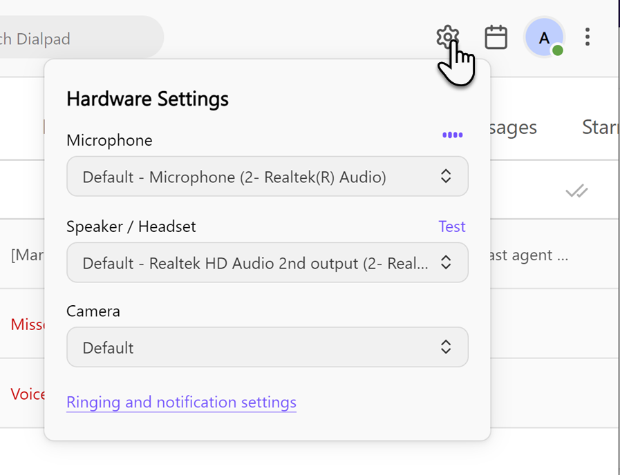 Viewing Hardware Settings in DialPad