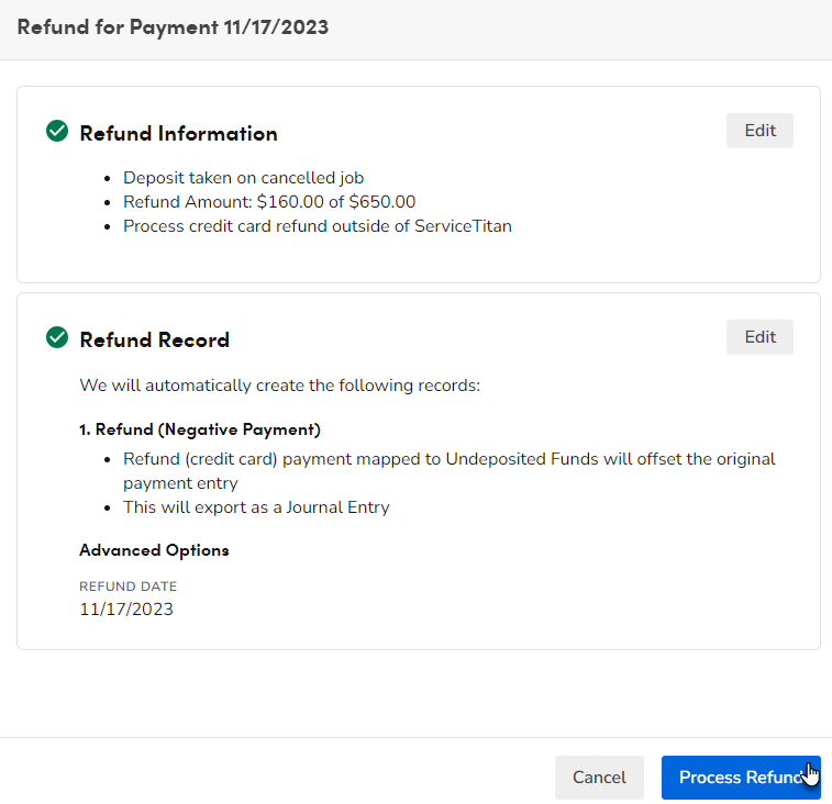 A cursor clicking Process Refund.