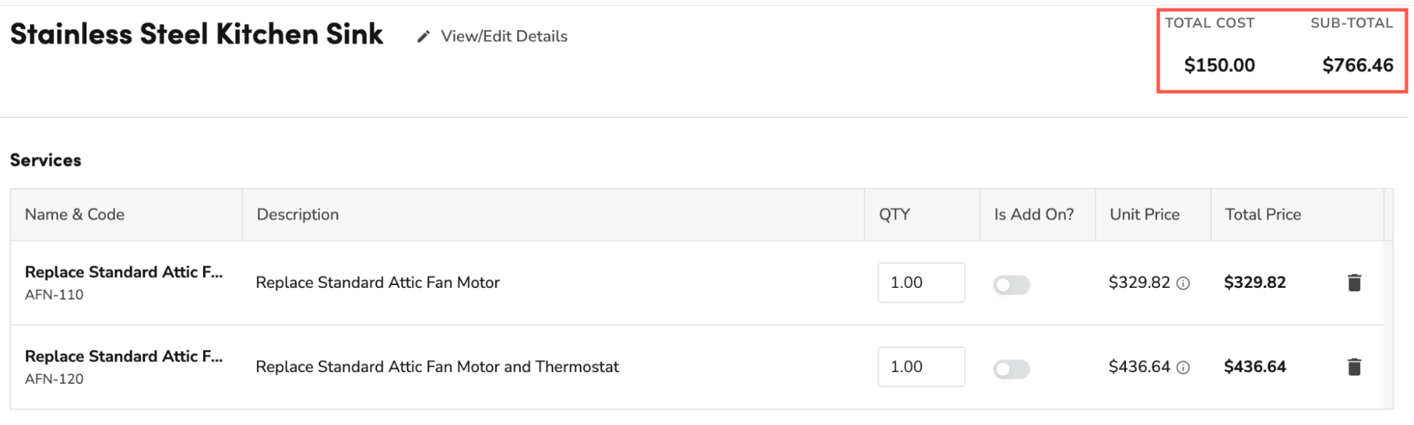 Viewing total cost and subtotal when adding items to an estimate template