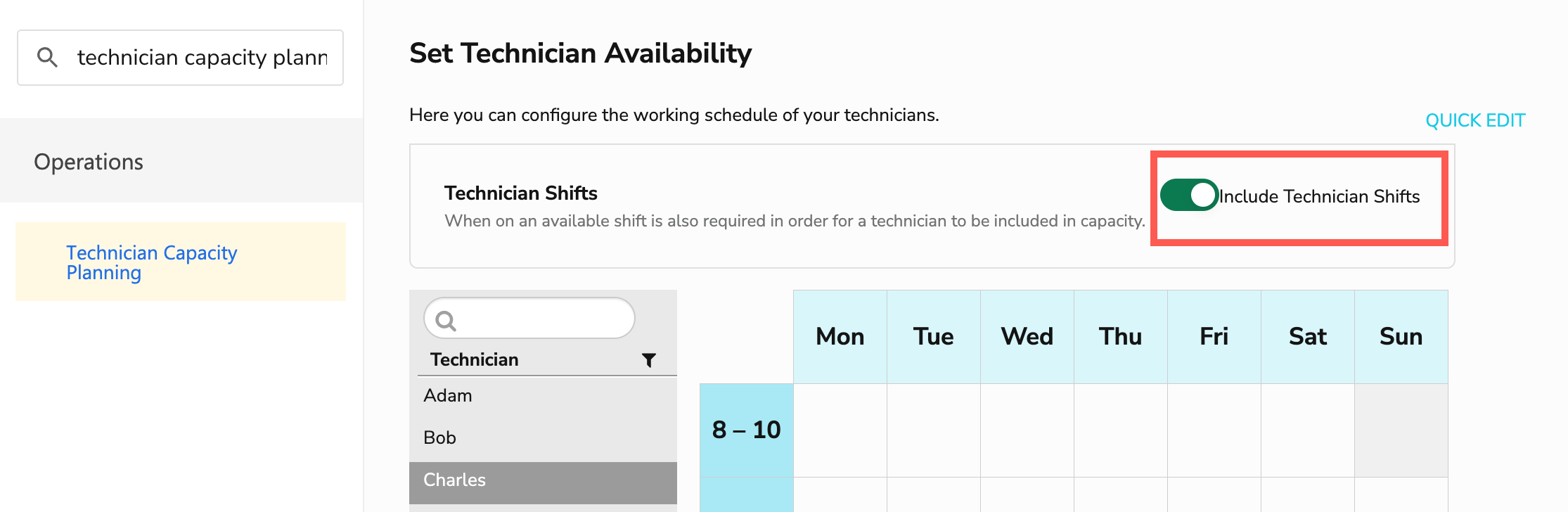 The Technician Capacity Planning screen of the Operations section in ServiceTitan Settings. The ...