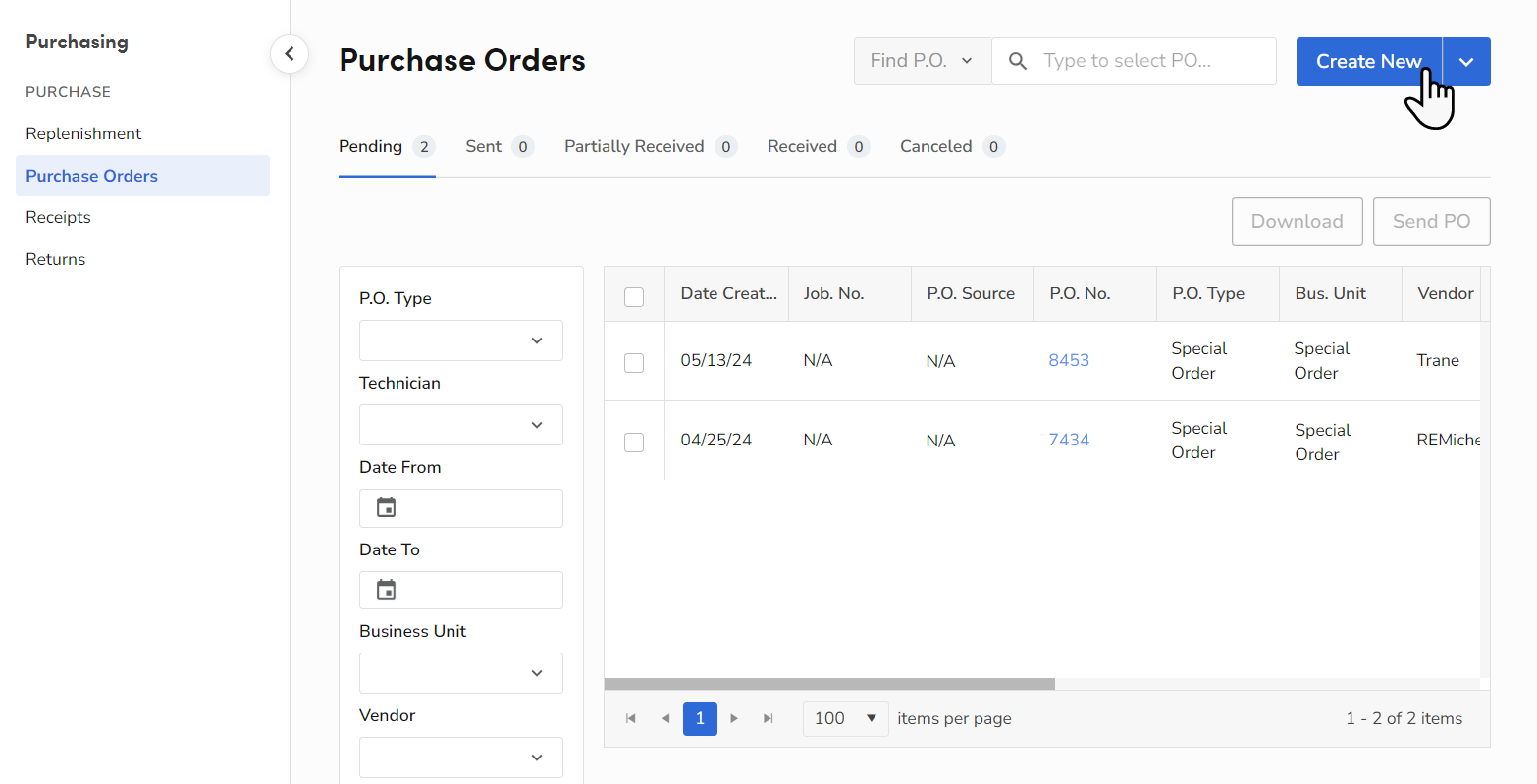 Create a new purchase order