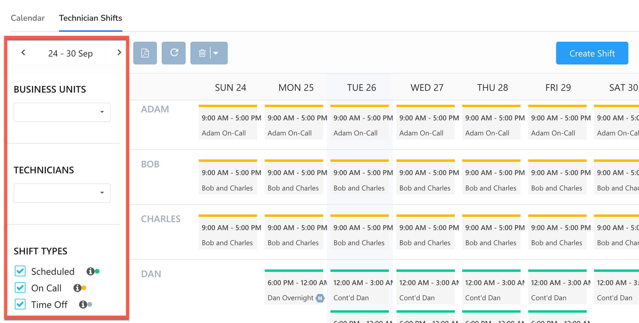 Filters on the Technician Shifts screen in ServiceTitan.