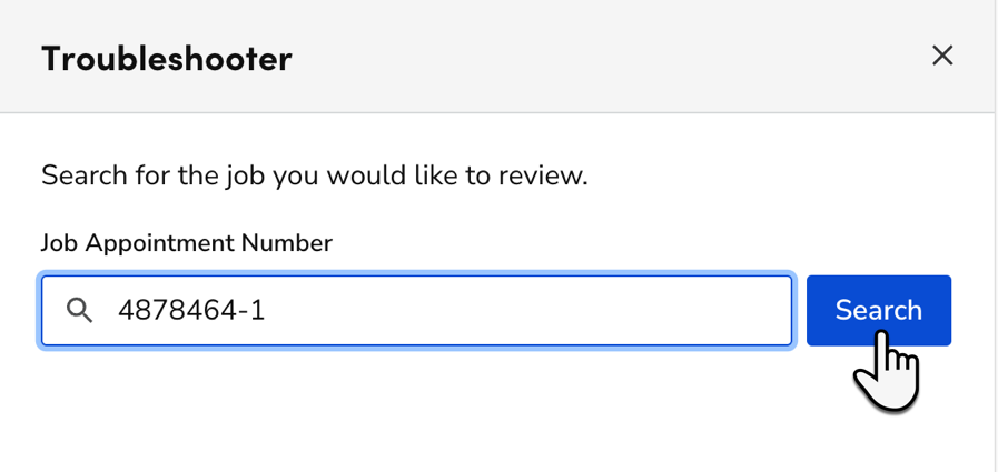 A cursor selecting Search within the ServiceTitan Dispatch Pro Troubleshooter.