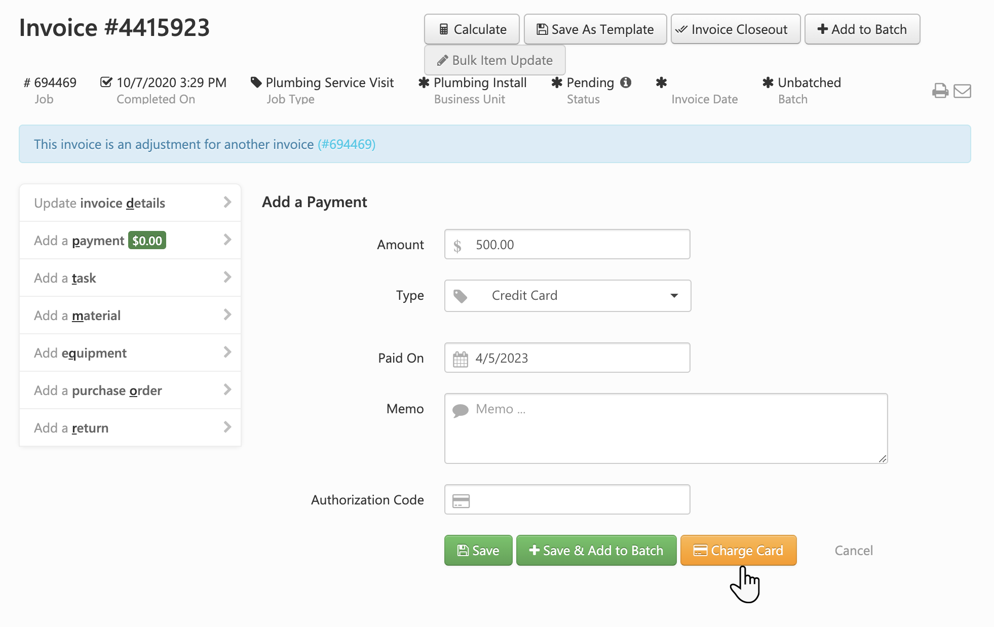 Process a credit card payment directly on an adjustment invoice