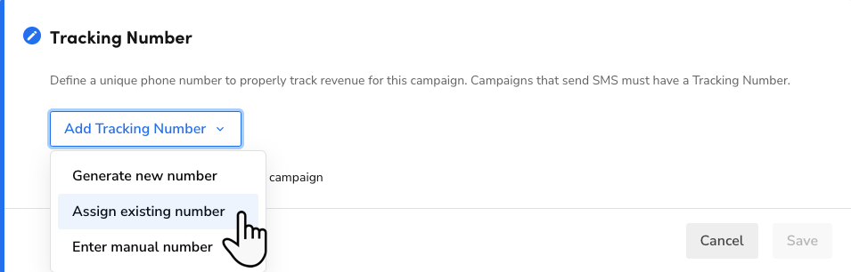 Cursor selects Assign existing number in the Add Tracking Number dropdown.