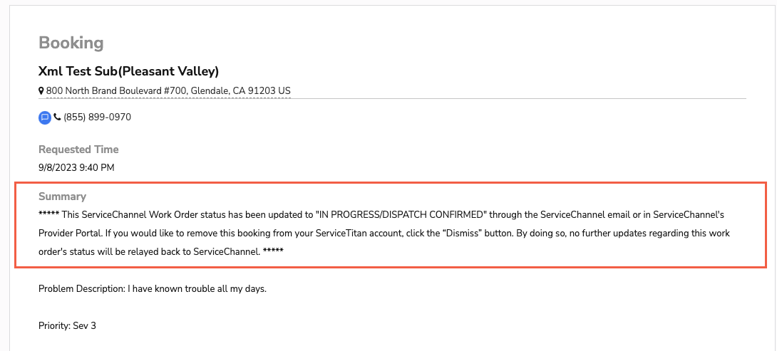 ServiceTitan summary message on the Booking Screen.