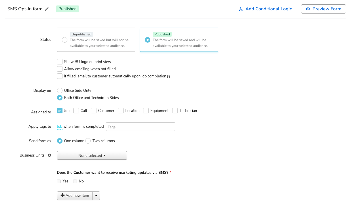 The settings for the SMS Opt-In form.