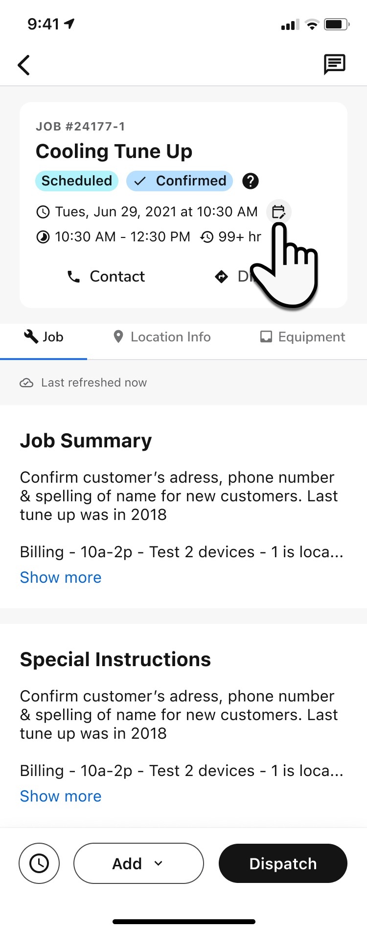A cursor tapping Reschedule in the ServiceTitan Field Mobile App.