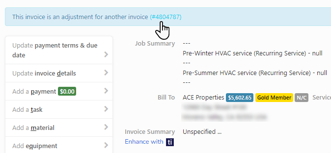 Cursor on the original invoice number in an adjustment invoice