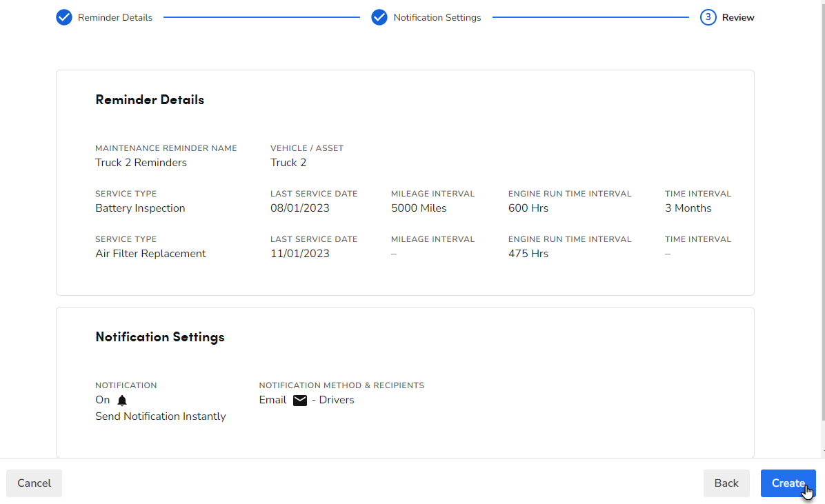 A cursor clicking Create on the Review screen.