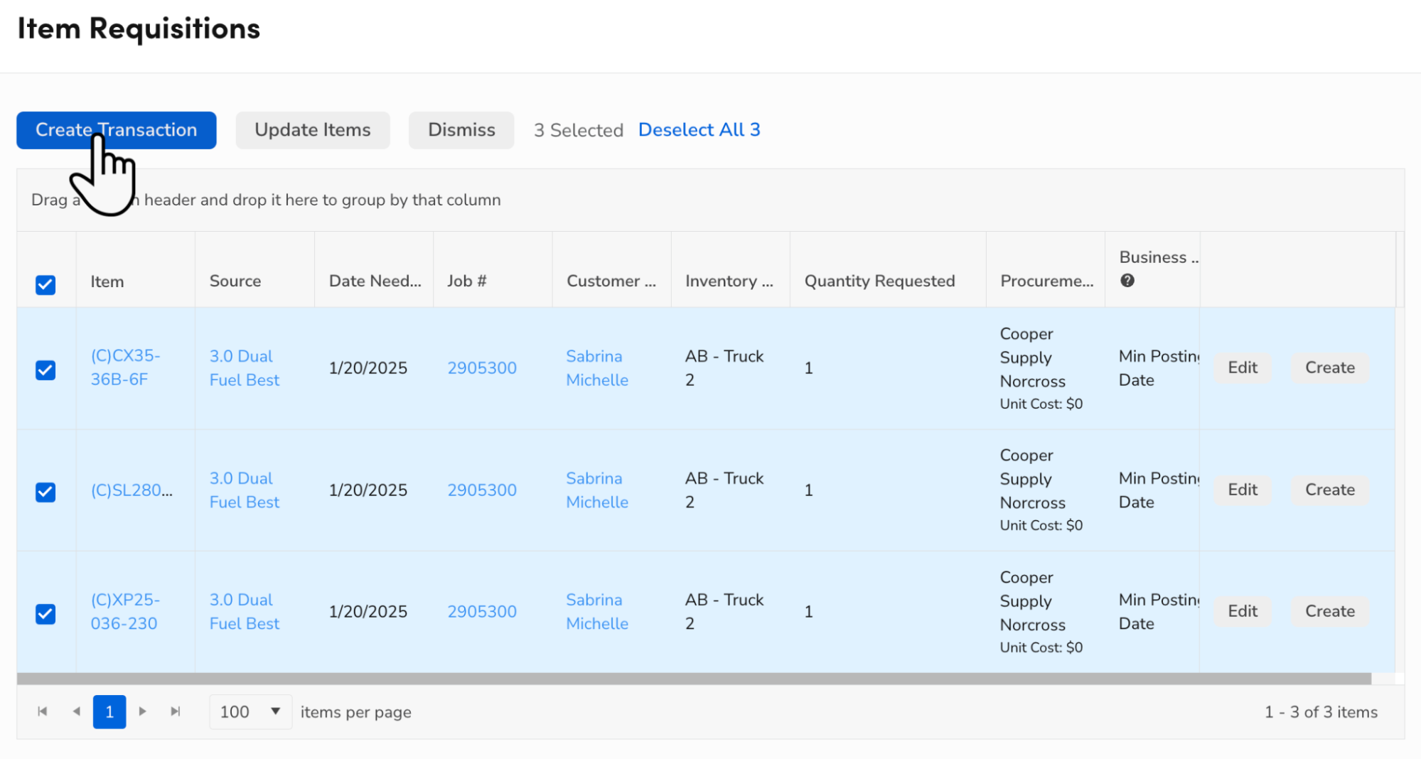 Cursor clicking the Create Transaction button.