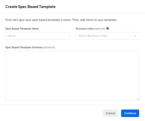The Create Spec Based Template screen