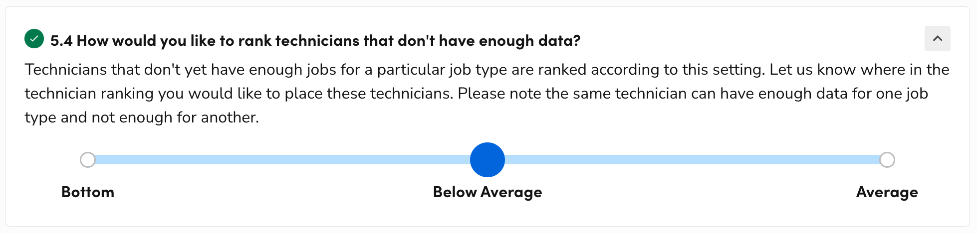Question 5.4 in ServiceTitan's Dispatch Pro Technician Ranking settings.