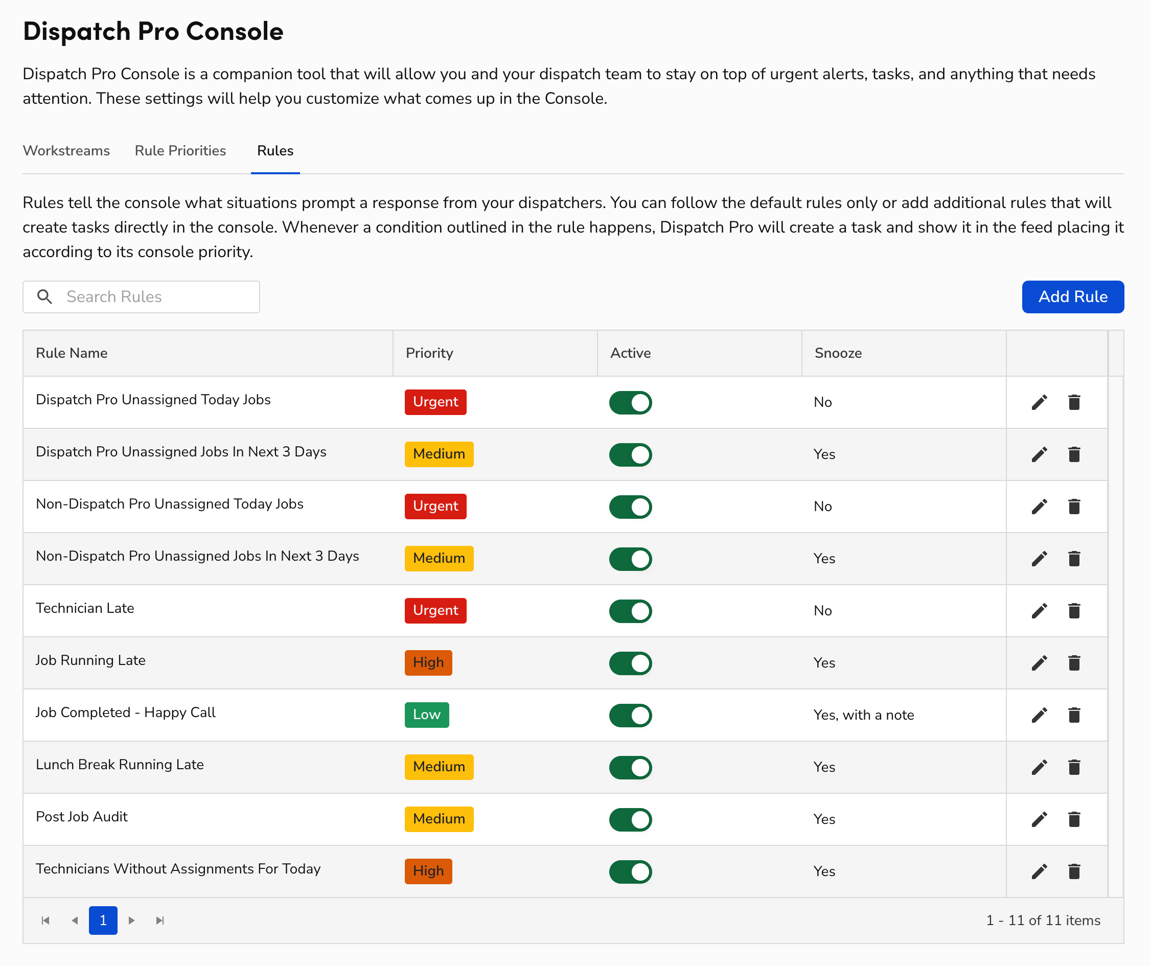 The Rules tab in ServiceTitan Dispatch Pro Console Settings.