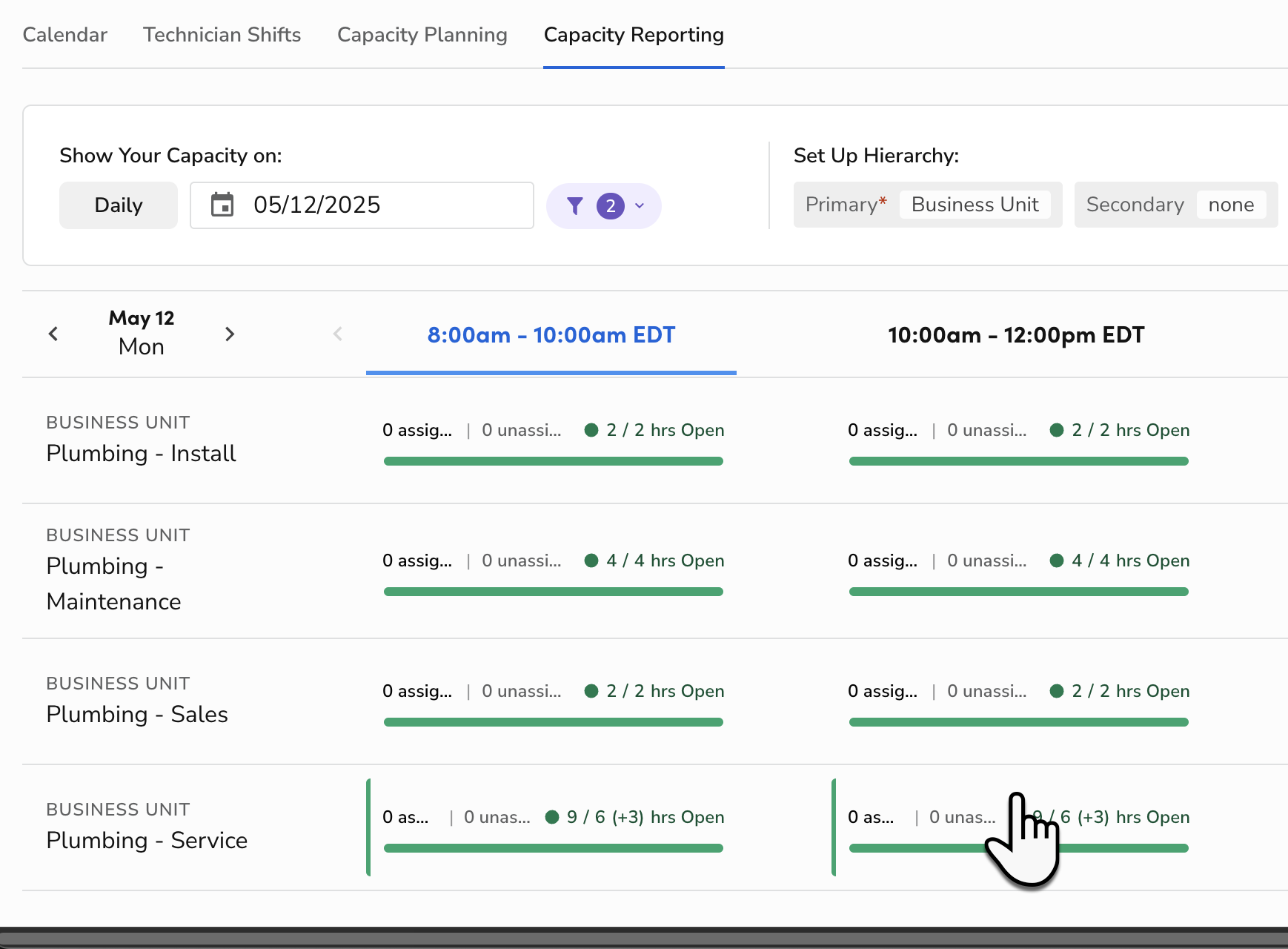 A cursor selecting a cell in ServiceTitan Capacity Reporting.