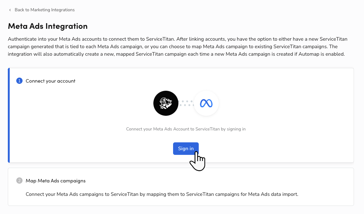 Cursor hovers over the Sign In button for the Meta Ads Integration.